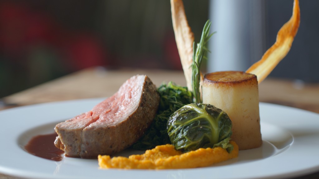 Prime fillet of beef with fondant potatoes, cumin carrot puree, bacon ...