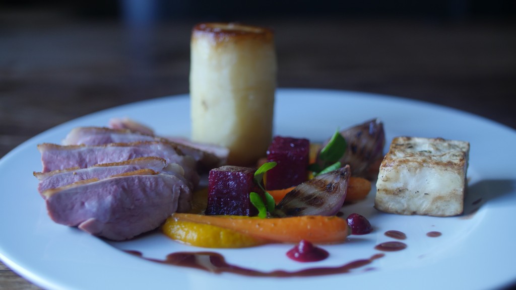 Duck breast with potato and celeriac fondant, carrot star anise puree ...